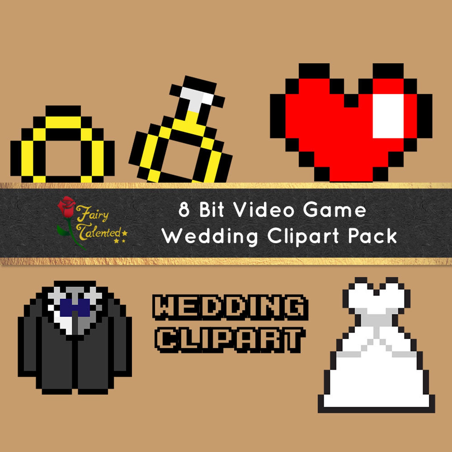 Video Game Wedding 8 Bit Clipart Set - Gamer Wedding 8 Bit Heart and ...