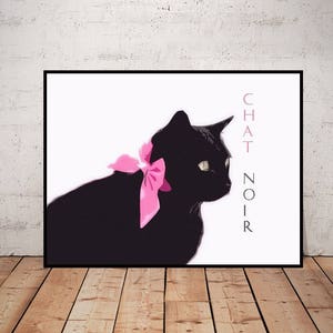 Chat Noir, Black Cat, French Cat Print or Canvas, Black White Pink Wall ...