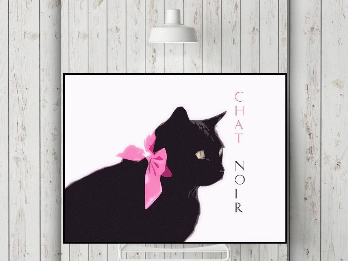 Chat Noir, Black Cat, French Cat Print or Canvas, Black White Pink Wall ...