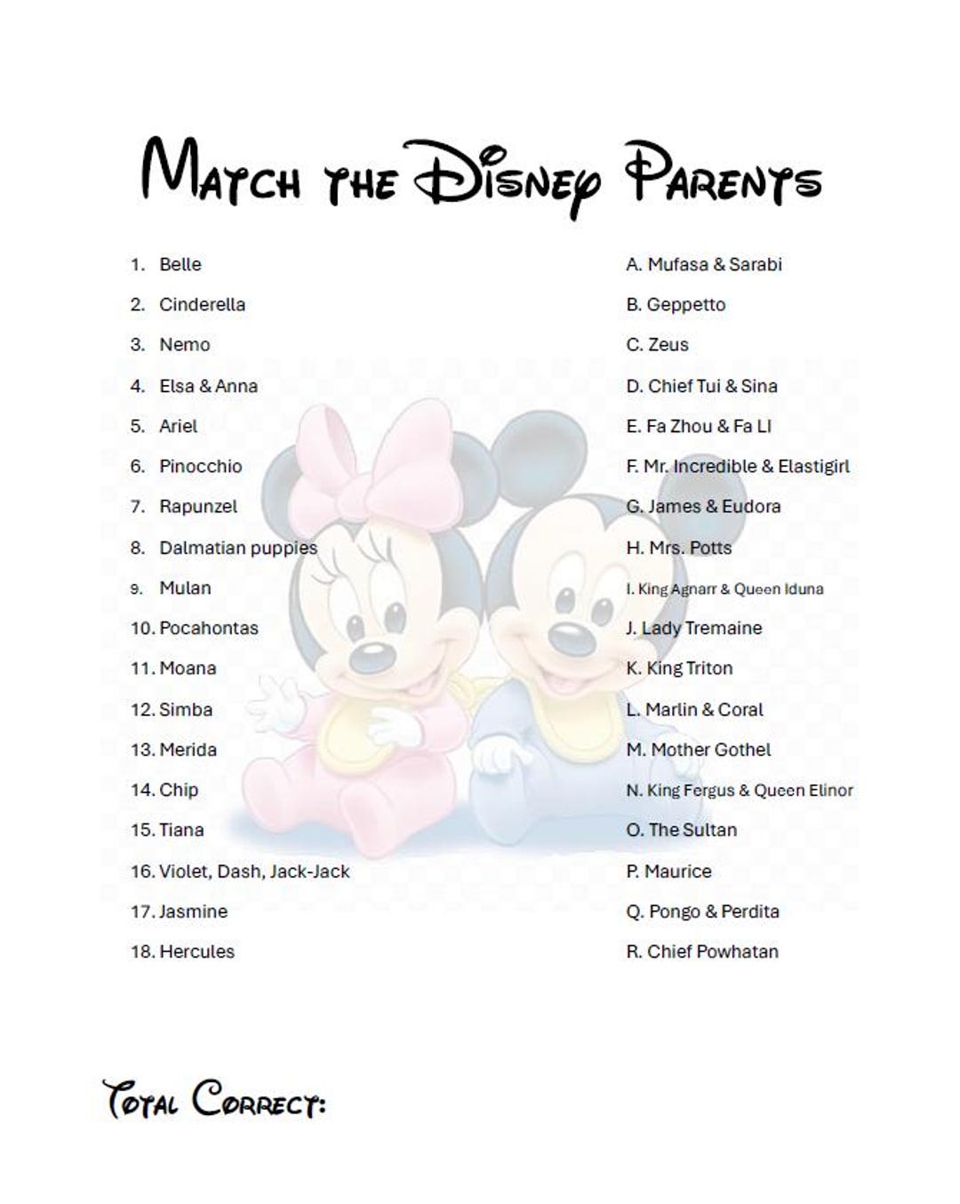 Disney Parents Match Baby Shower Gender Reveal Game Match the Parents ...