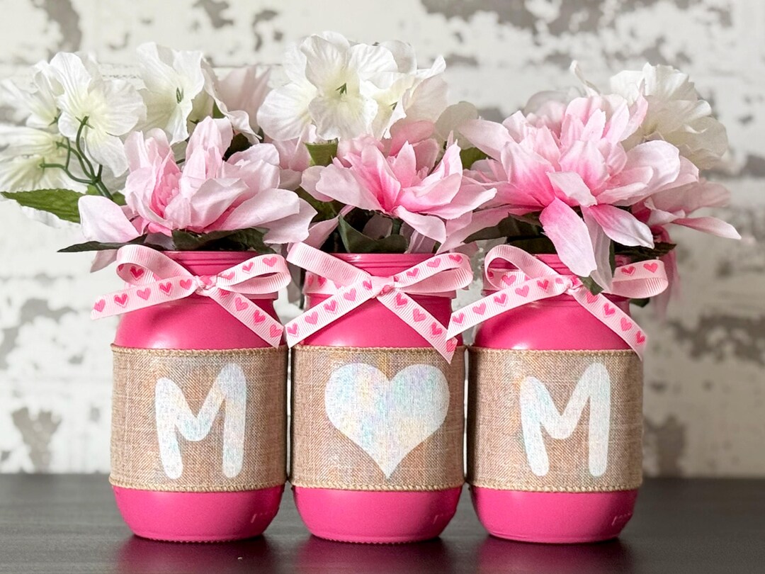 Mother’s Day Mason Jars, Pink Hand Painted Jars, Mother’s Day ...