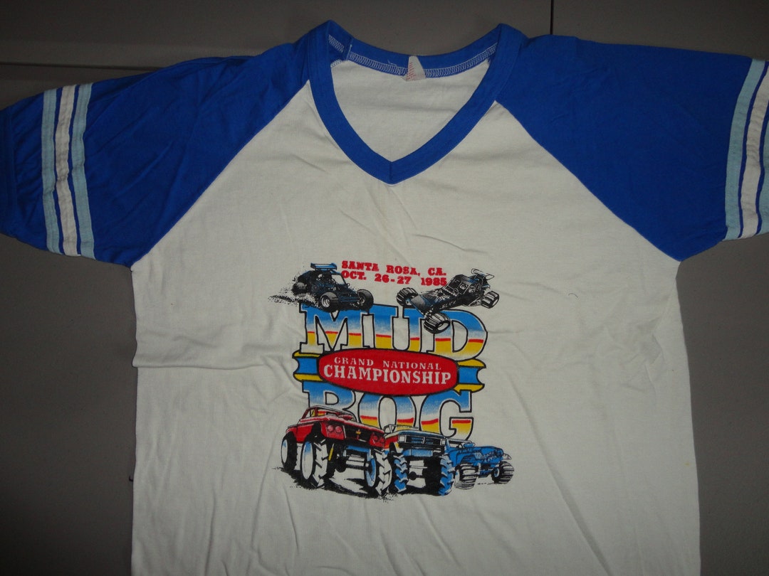 Vtg White Blue Raglan 1985 NASCAR Grand National Championship Mud Bog ...