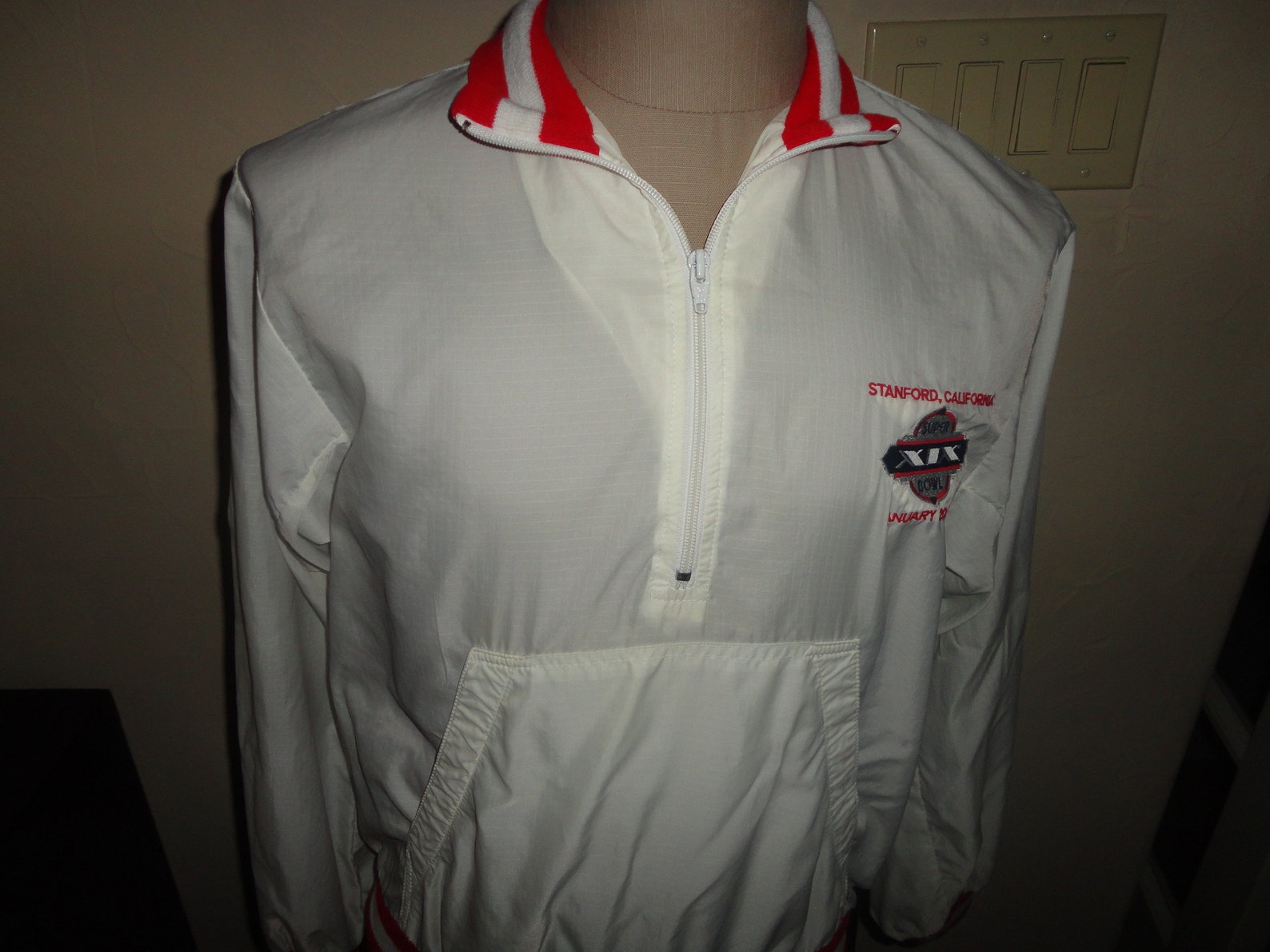 Vtg 80's 1985 SUPER BOWL XIX Embroidered 1/3 Zip Nylon Jacket Fit Adult ...