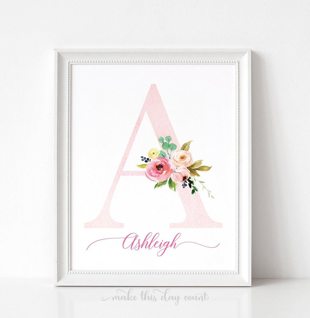 Pink Watercolor Initial and Name Floral Print Personalized Monogram ...