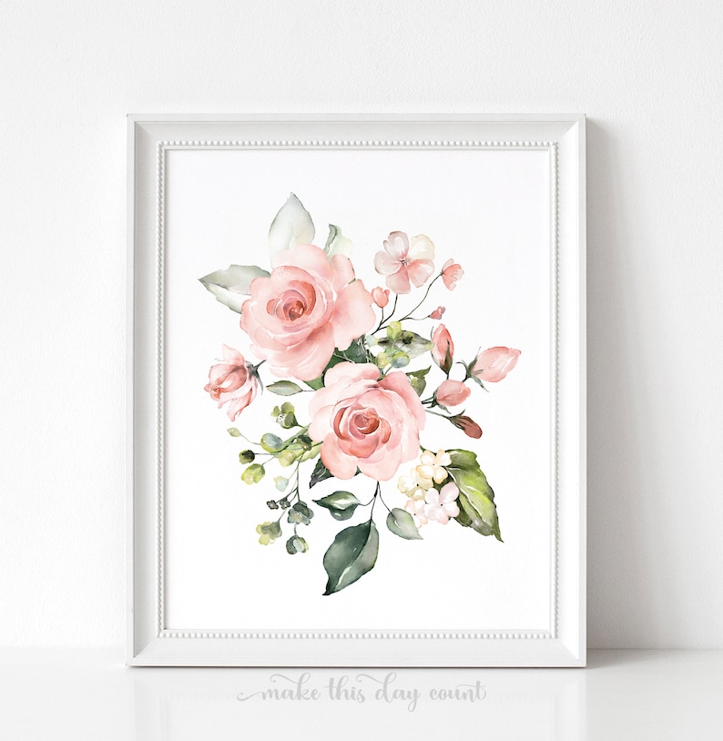 Vintage Rose Girls Nursery Prints, Gold Blush Pink Flowers, Watercolor ...