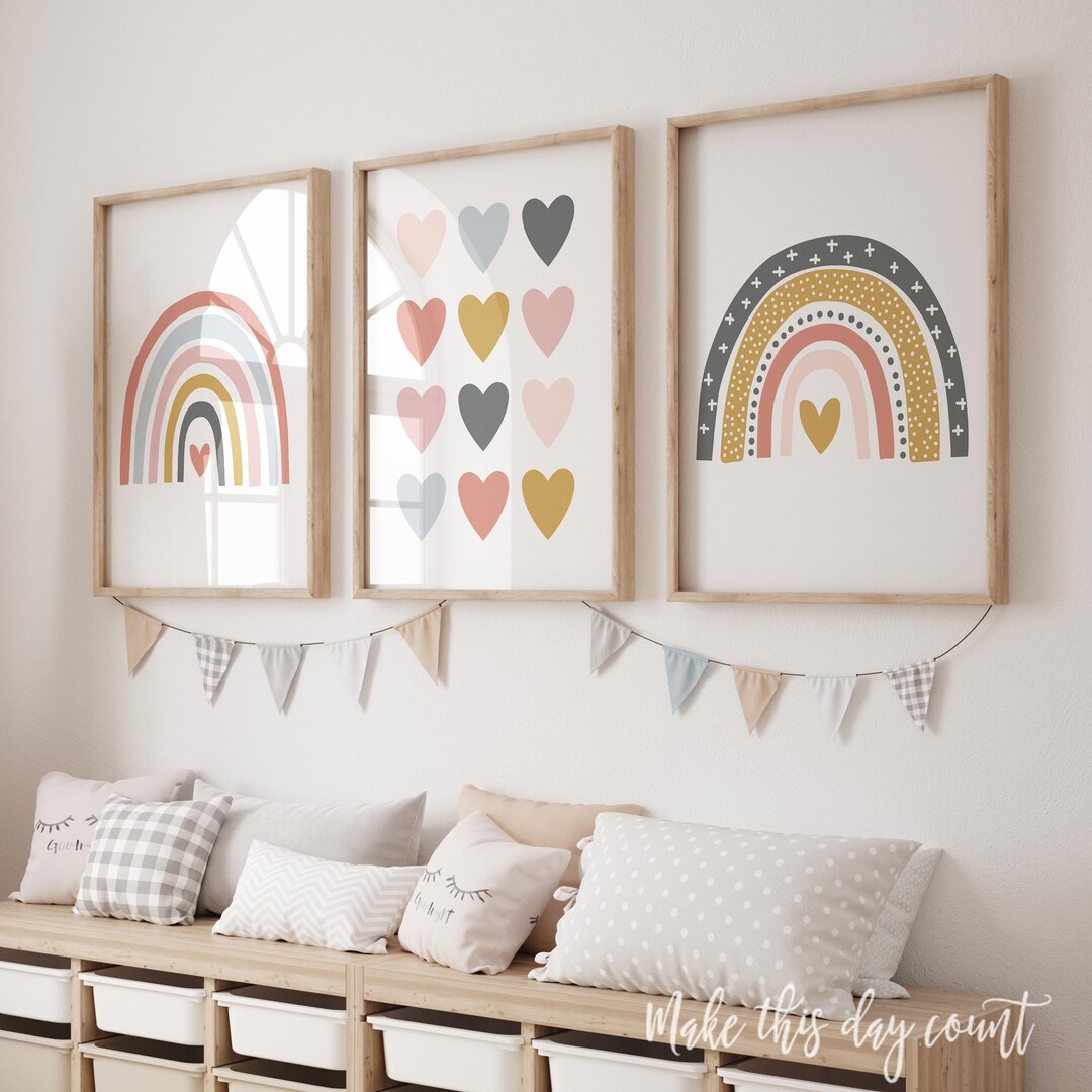 Boho Rainbow and Hearts Nursery Wall Art Printable, Girls Room Decor ...
