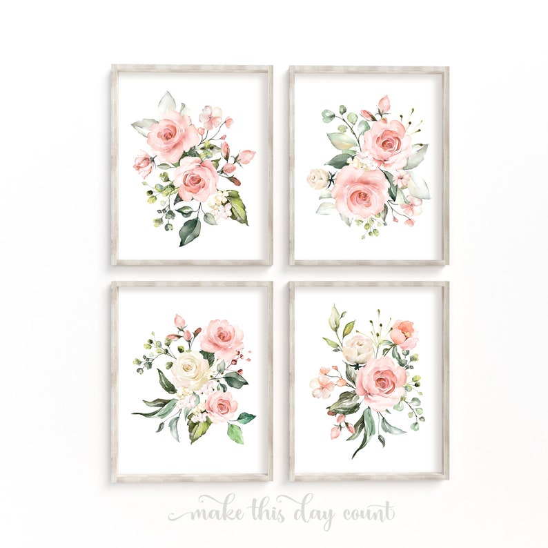 Vintage Rose Girls Nursery Prints, Gold Blush Pink Flowers, Watercolor ...