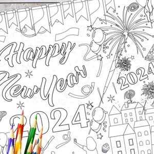 Happy New Year 2024 Coloring Tablecloth Kids New Year's Eve Party ...