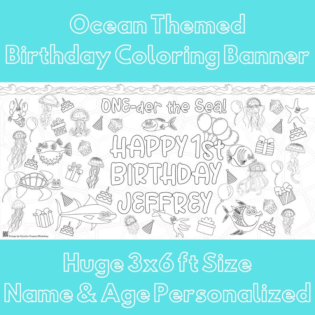 Under the Sea Birthday Party Coloring Poster | First Birthday Ocean ...