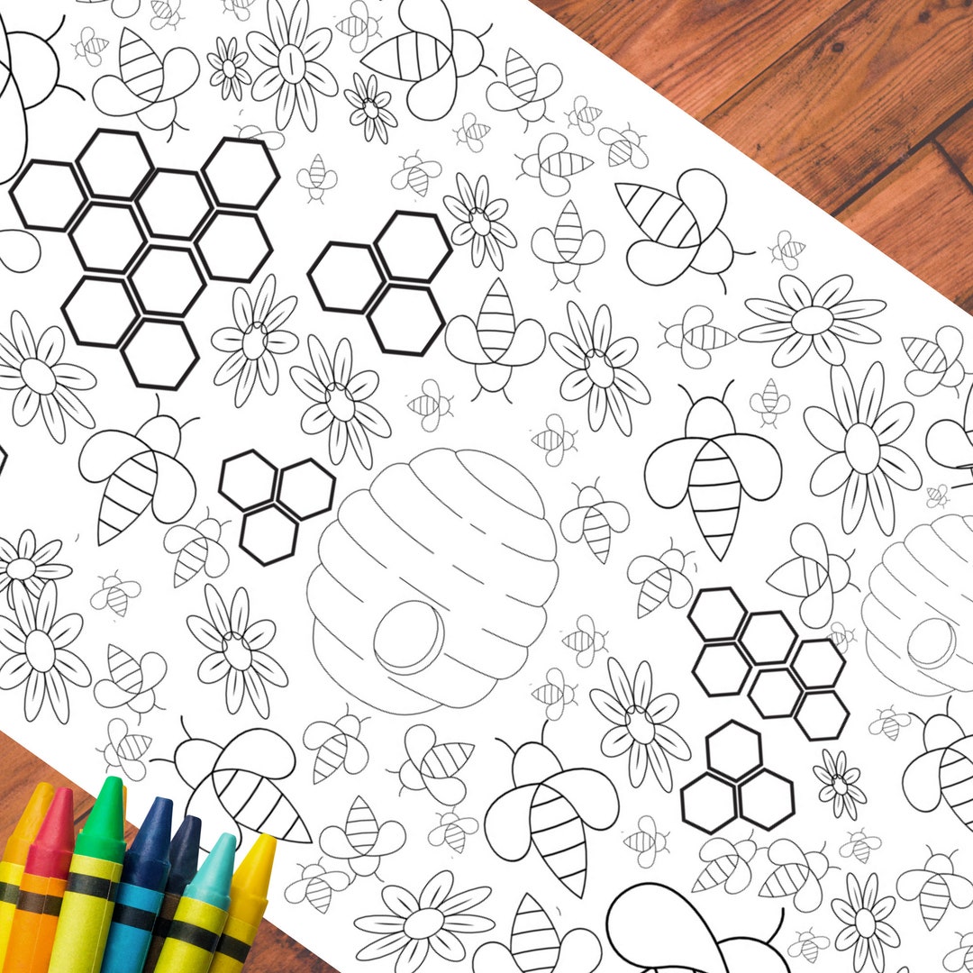Bee Birthday Party Coloring Tablecloth: Kids Activity, Honeycomb Banner ...