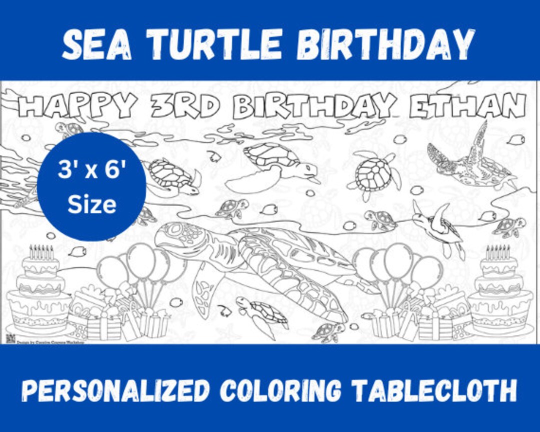 Sea Turtle Birthday Party Kids Personalized Coloring Tablecloth Ocean ...