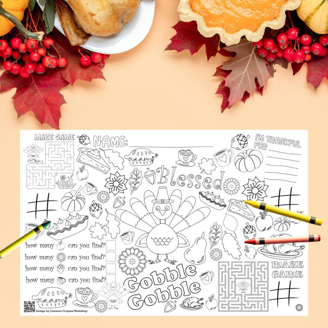 Thanksgiving Table Placemats Paper Coloring Activity Kids Class Holiday ...