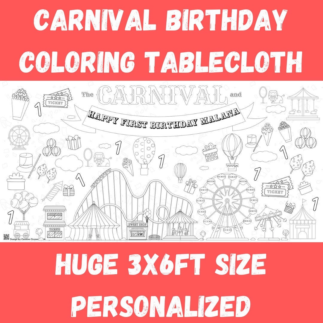 Kids Carnival Themed Birthday Party Personalized Coloring Tablecloth ...