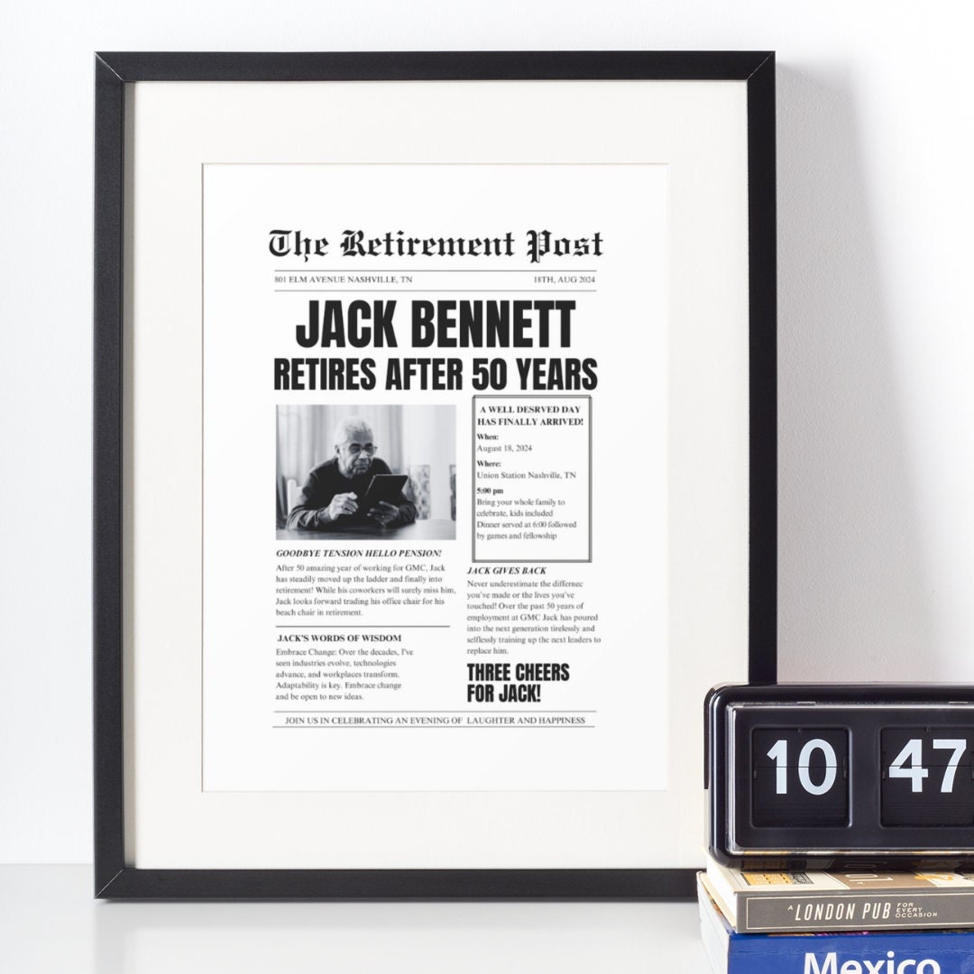 Retirement Party Newspaper Headline Front Page Custom Retiring Keepsake ...