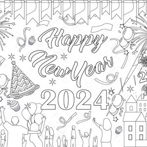 Happy New Year 2024 Coloring Tablecloth Kids New Year's Eve Party ...