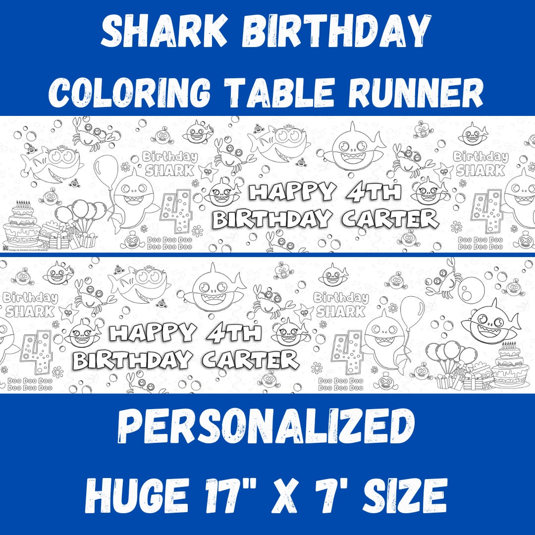 Shark Birthday Party Personalized Coloring Table Runner (17 in X 7 Ft ...