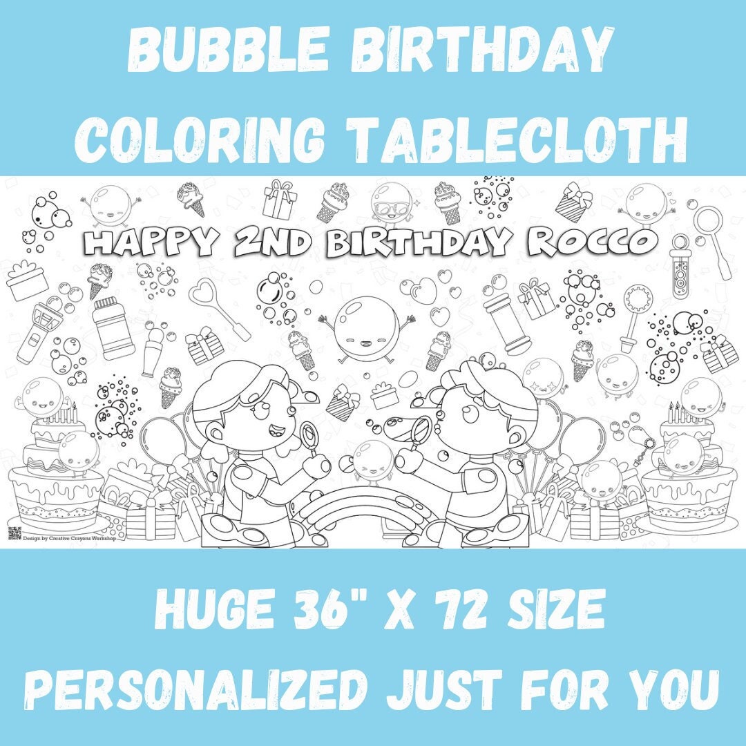 Bubble Birthday Party Coloring Table Cover Personalized Birthday Banner ...