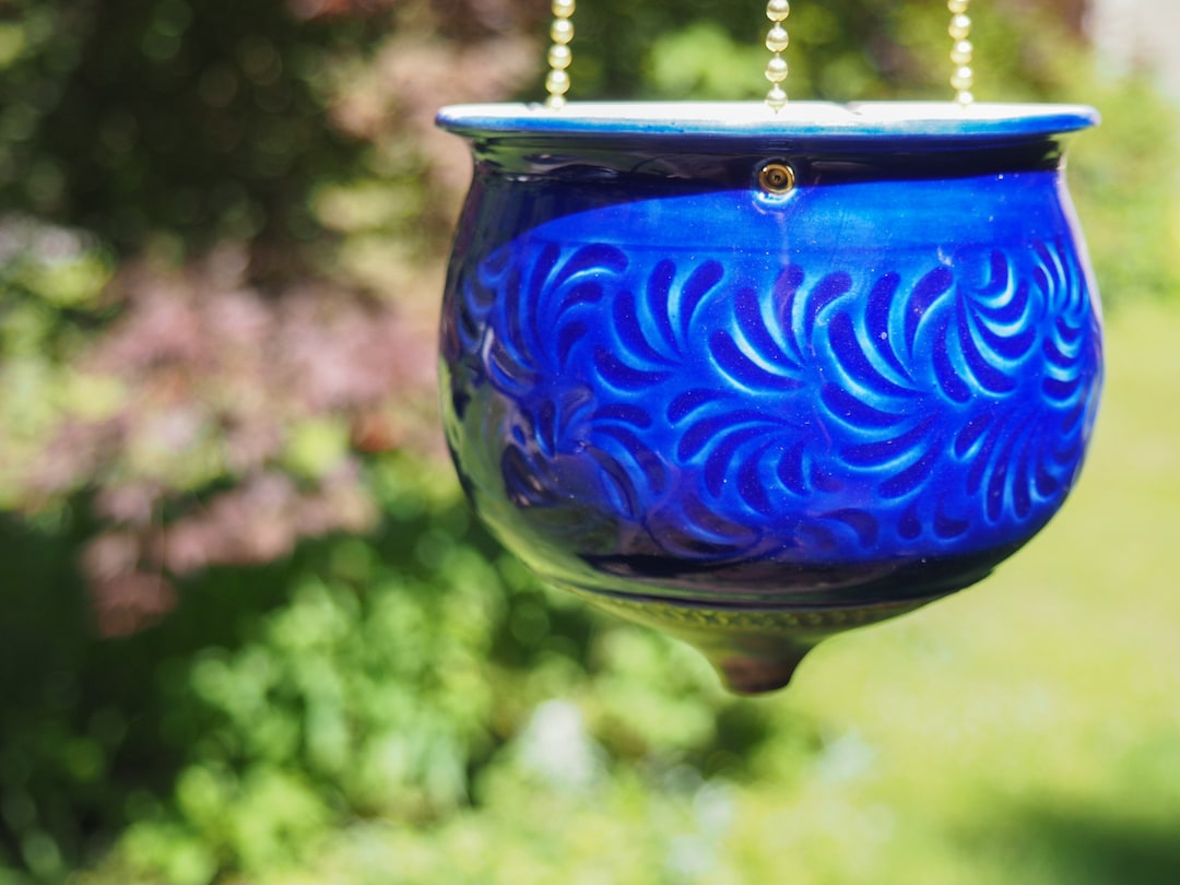 Hand Carved Cobalt Blue Hanging Planter - Etsy