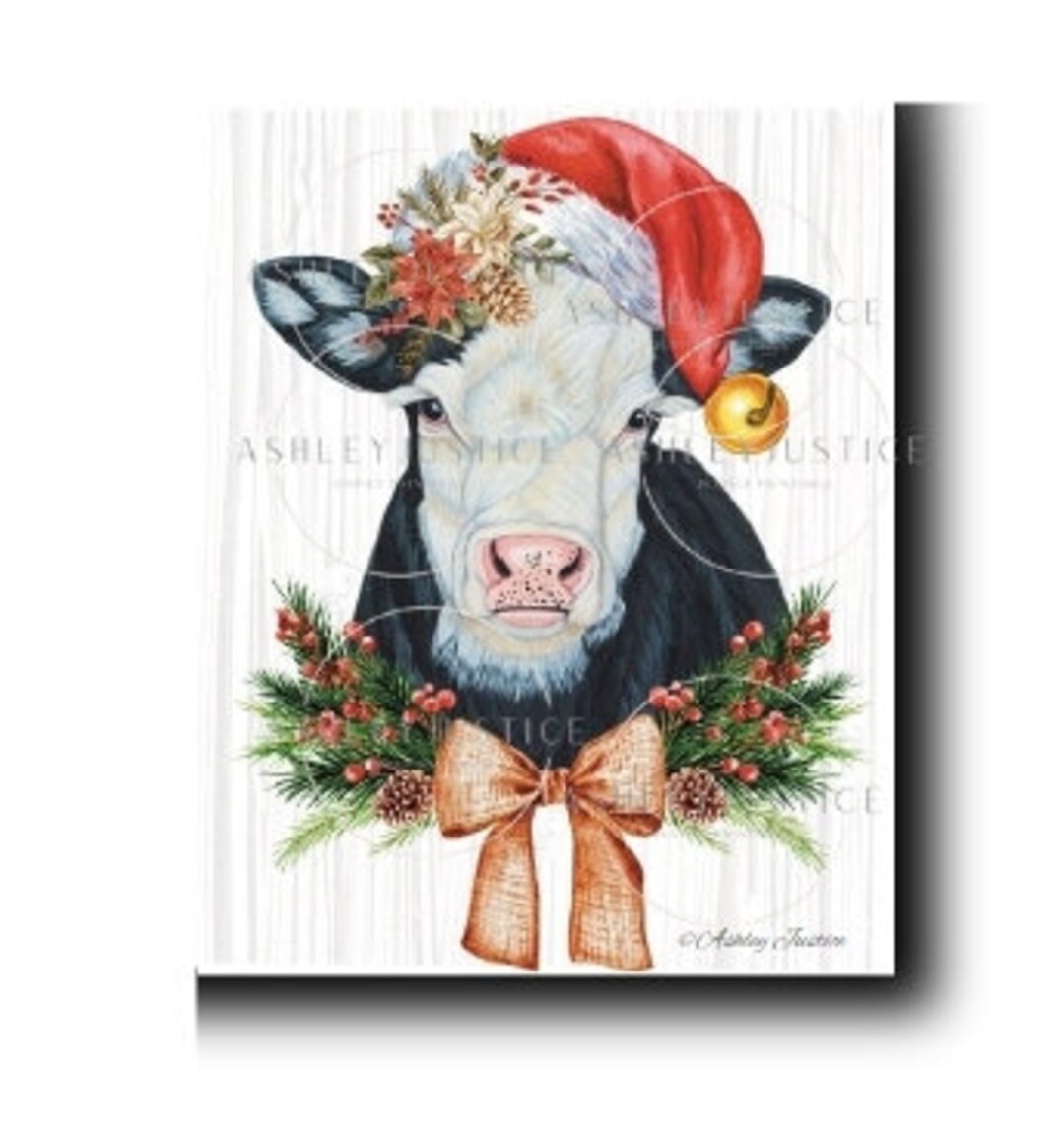 Farmhouse Art Print Cow Christmas Christmas Cow Art Gift Art Print Cow ...