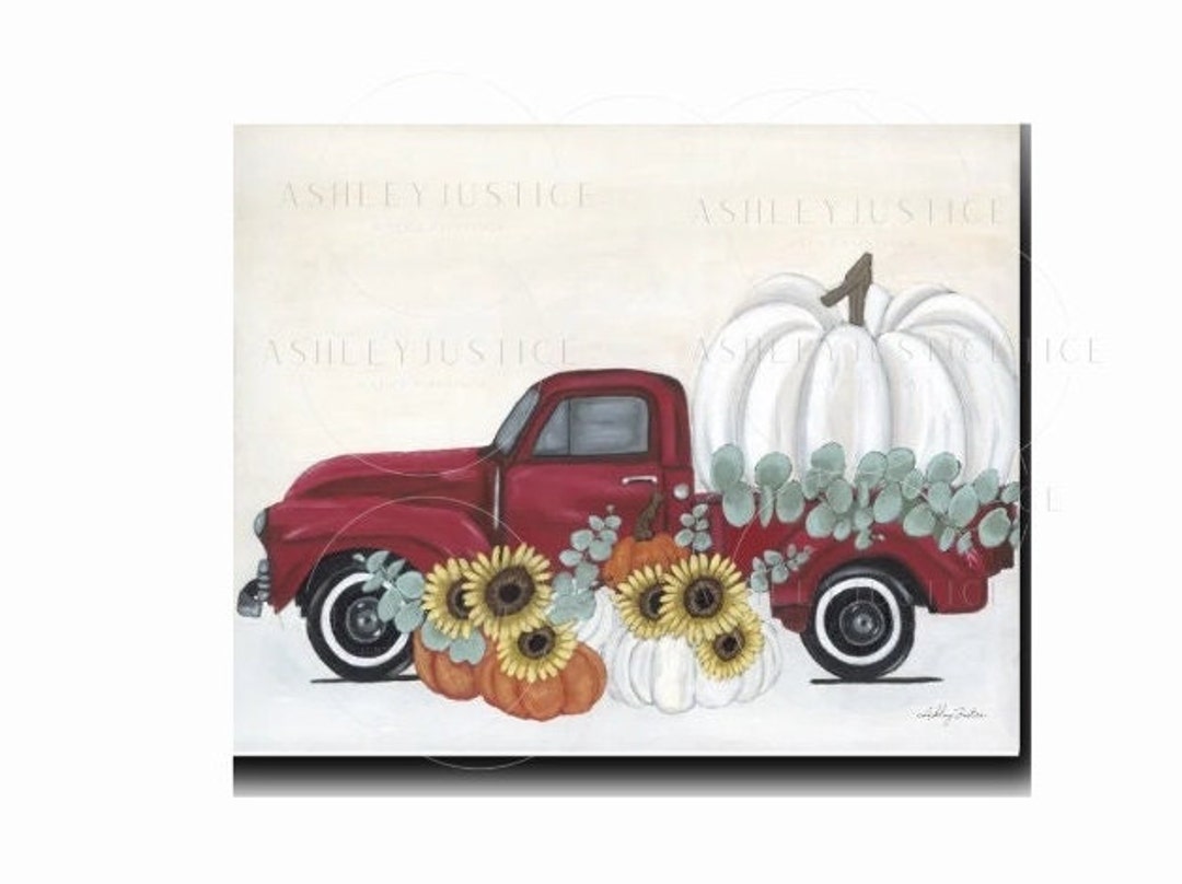 Farmhouse Fall Decor| Red Truck Art| Farm Art| Pumpkin Art| Floral Red ...