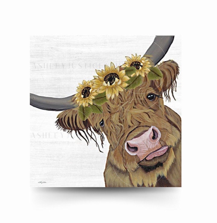 Farmhouse Highland Cow Sunflower Wall Art| Sunflower Highland Art ...