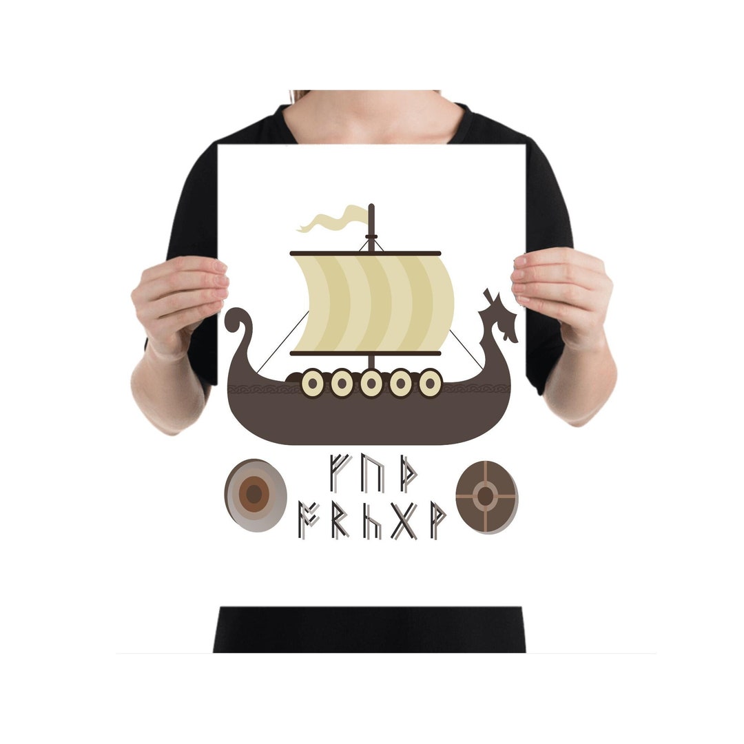Viking Ship Rune Norse Wall Art, Minimalist Graphic With Authentic ...