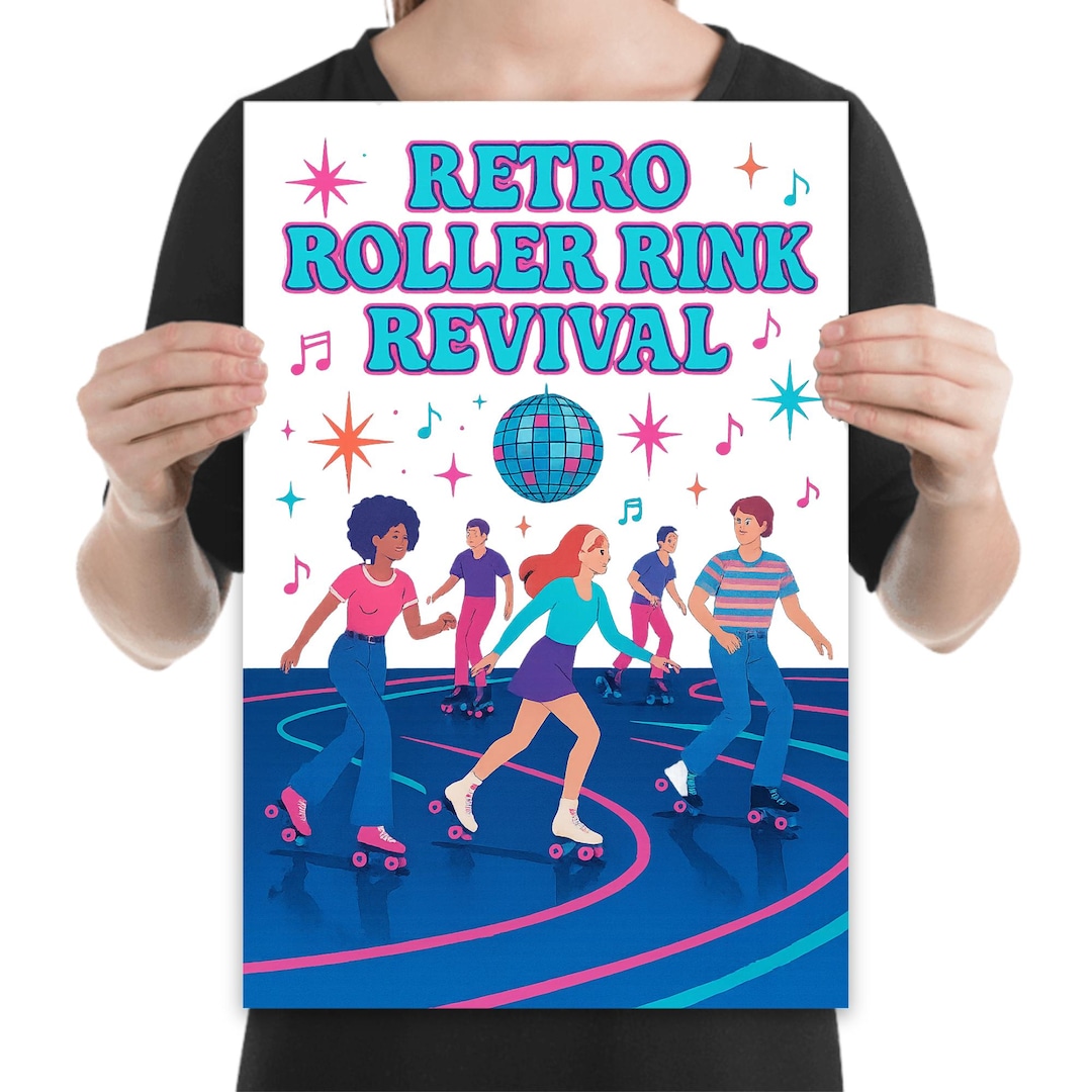 Retro Roller Rink Neon Poster: 70s Disco Skate Art, Vibrant Ink Print ...