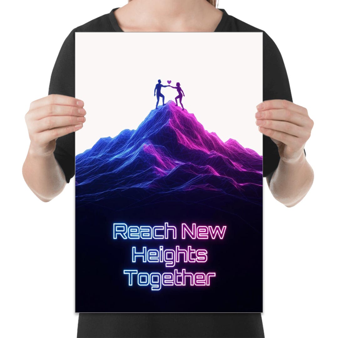Reach New Heights Neon Mountain Poster: Y2K Wireframe Climbing Art ...