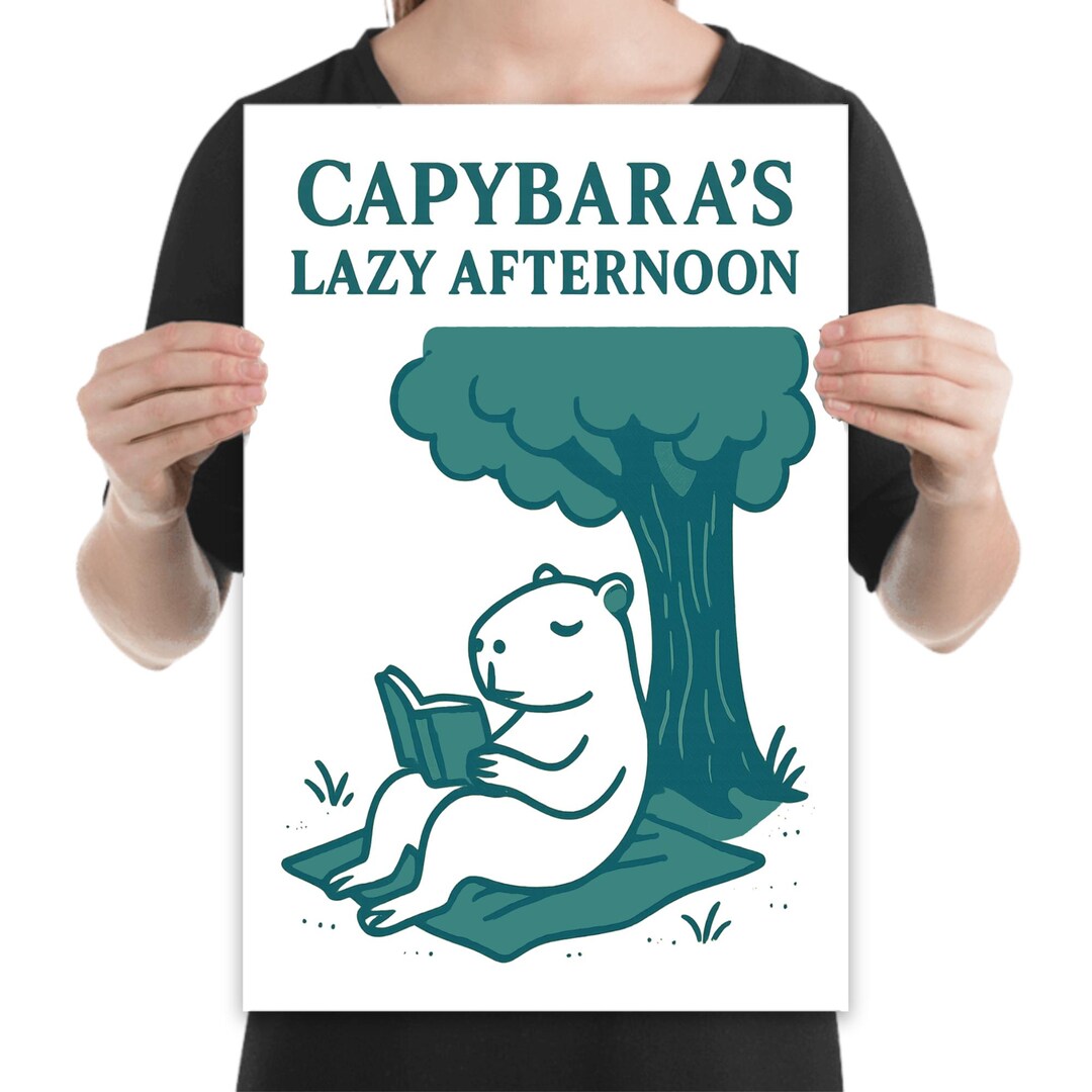 Whimsical Animal Art Cozy Reading Poster: Capybara Blueprint Design ...