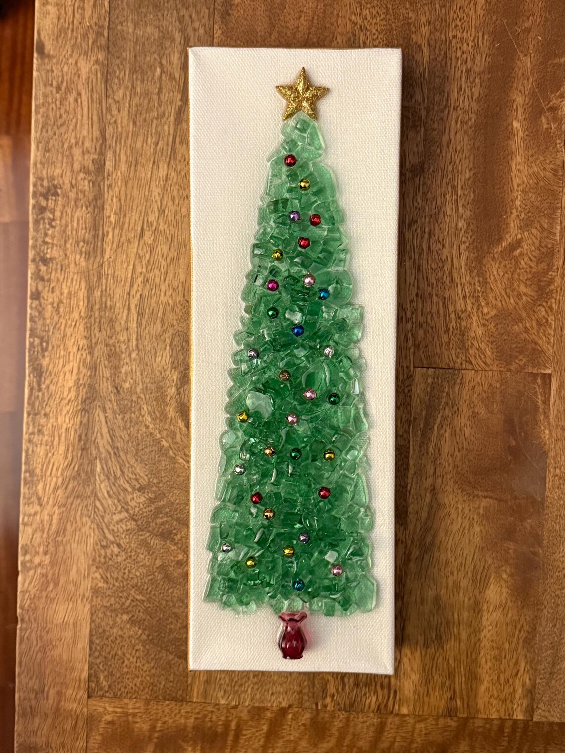 Green Metallic Glass and Resin Christmas Tree on Canvas. Decorated With ...