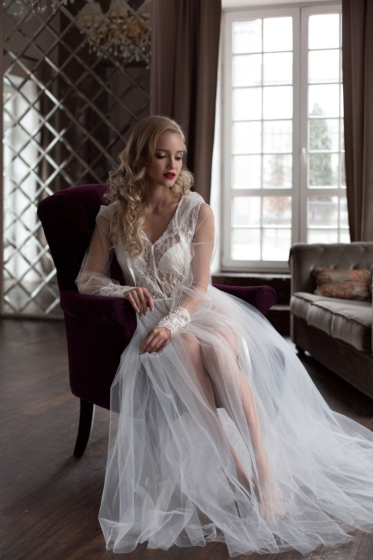 Lace boudoir dress / Boudoir gown / Bridal morning / Tulle | Etsy