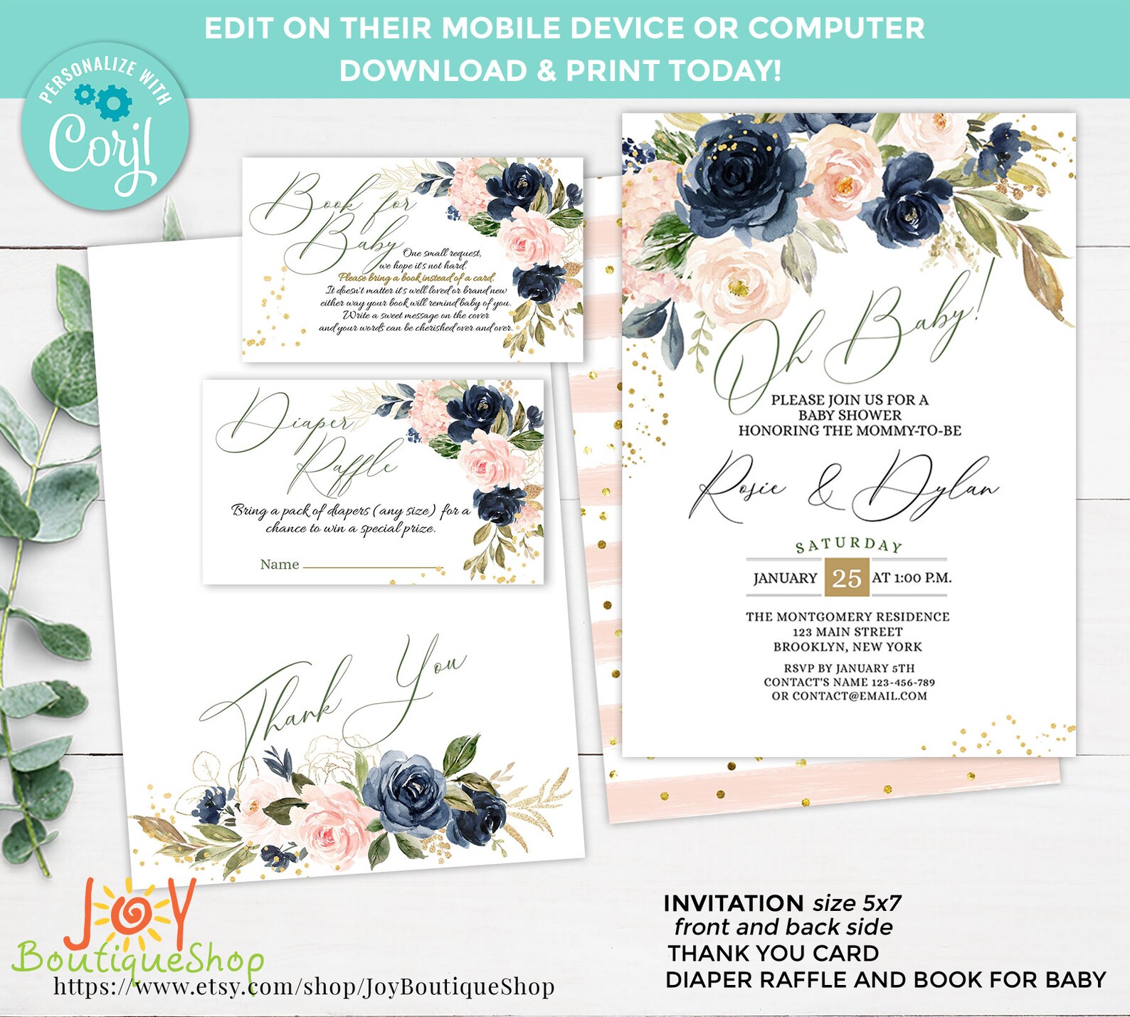 Navy Blue And Blush Pink Gender Reveal Invitation Editable Etsy