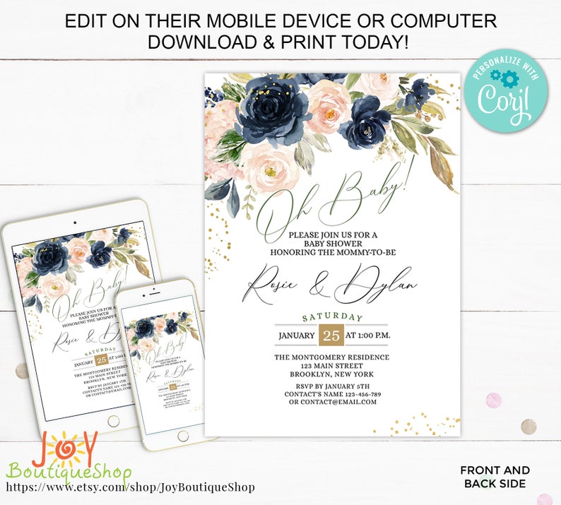 Navy Blue And Blush Pink Gender Reveal Invitation Editable Etsy