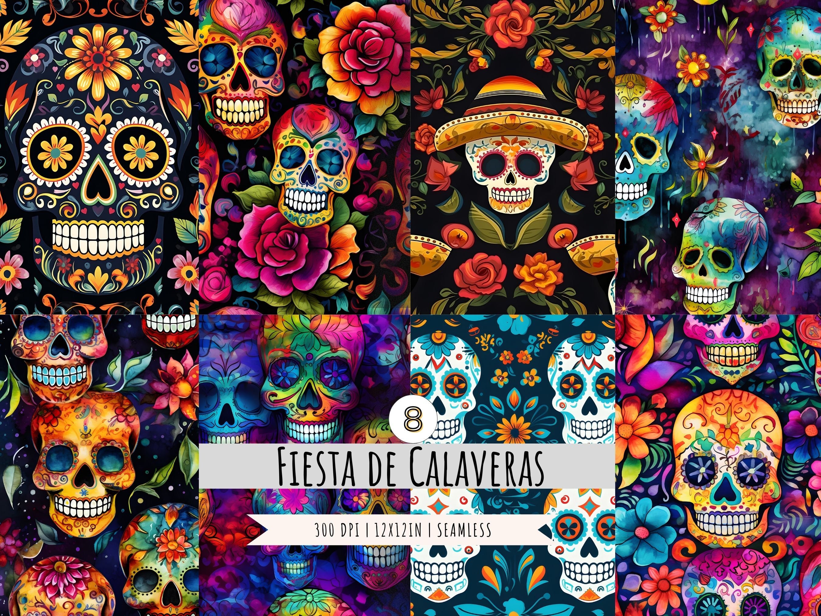 Day of the Dead Digital Paper - SEAMLESS - 8 Designs - Sugar Skulls ...