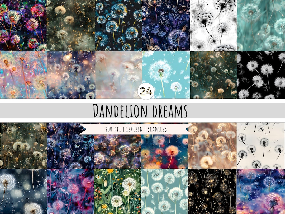 Dandelion Puffs Digital Paper - 24 Designs - SEAMLESS Patterns - Colorful Pattern - Dandelion ...