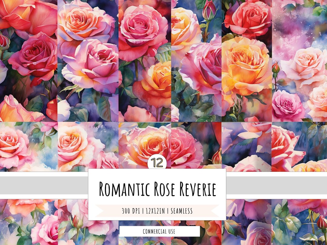 Pink Watercolor Rose Digital Paper, 12 Designs - Printable Junk Journal ...