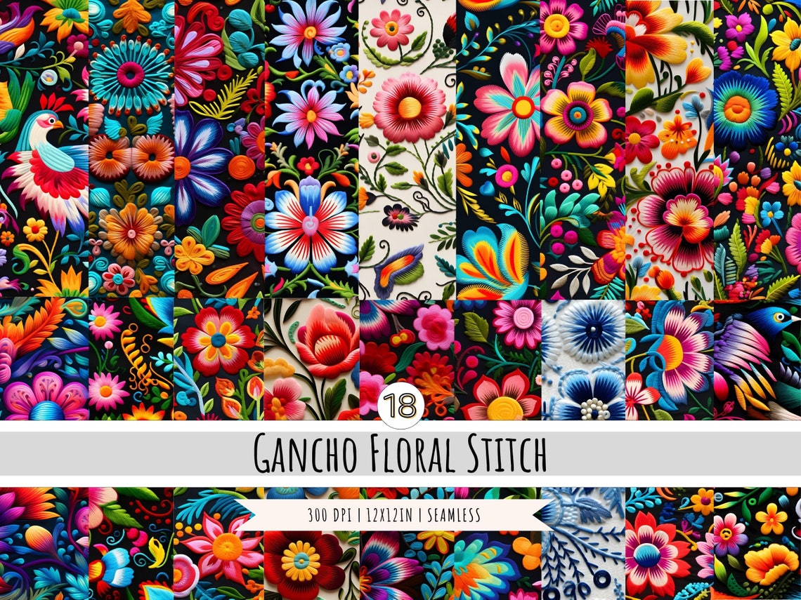 Mexican Embroidery Flowers Digital Paper 18 Designs SEAMLESS Patterns ...