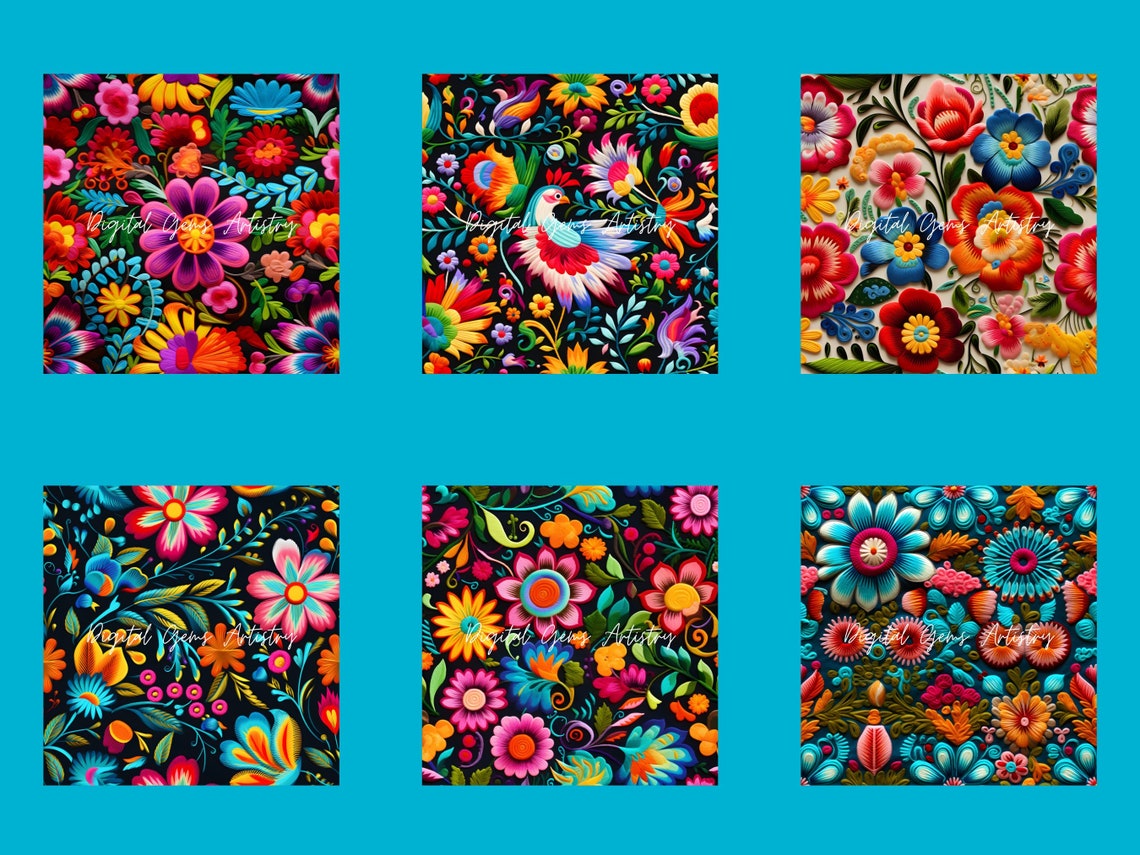 Mexican Embroidery Flowers Digital Paper 18 Designs SEAMLESS Patterns ...