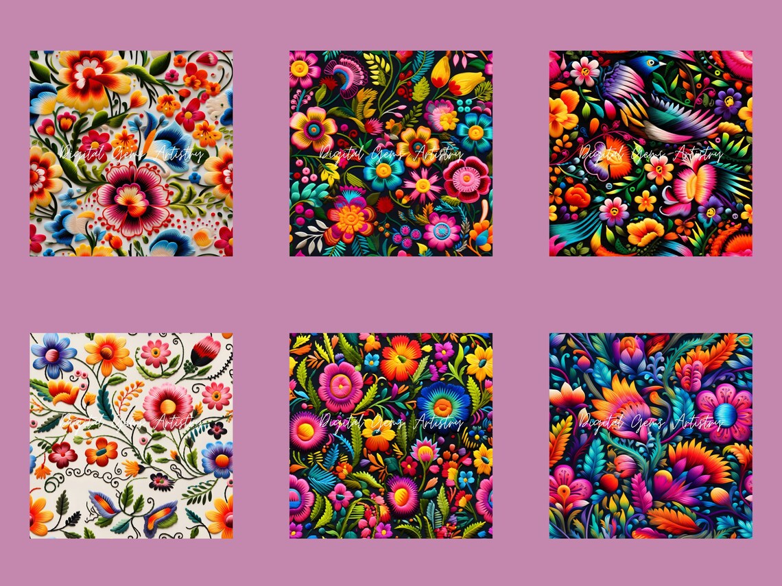 Mexican Embroidery Flowers Digital Paper 18 Designs SEAMLESS Patterns ...