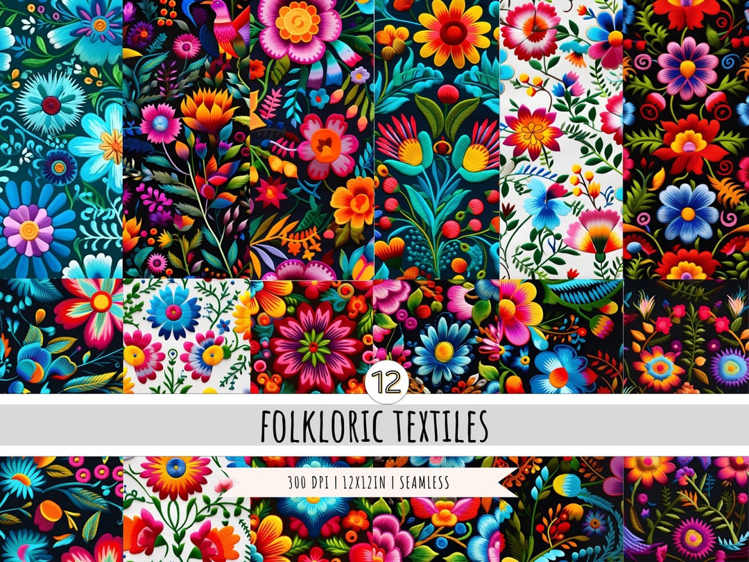 Mexican Embroidery Flowers Digital Paper - 12 Designs - SEAMLESS ...