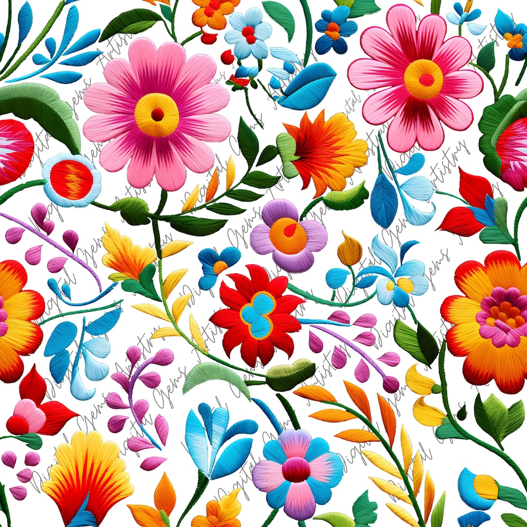 Transparent Background Mexican Embroidery Flowers - 1 Design - SEAMLESS ...