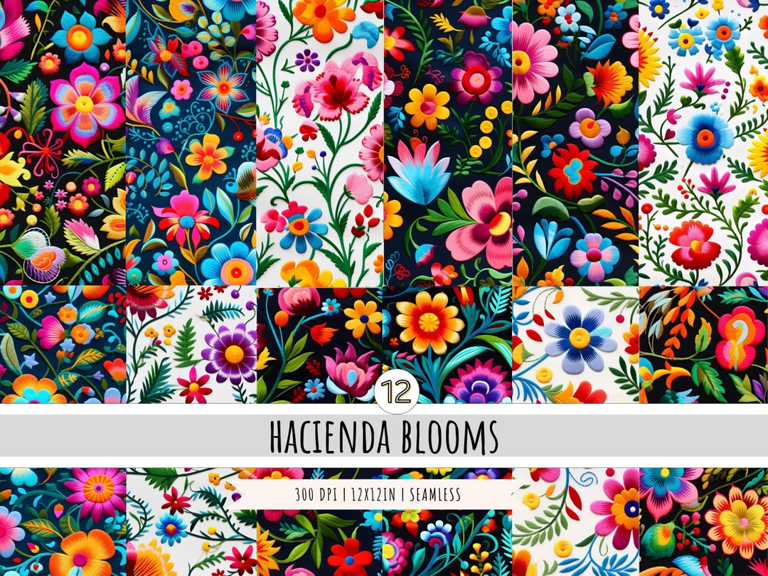 Mexican Embroidery Flowers Digital Paper - 12 Designs - SEAMLESS ...