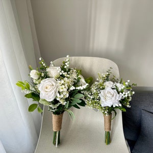 Petite White Rose Wedding Bouquet: Silk Eucalyptus Greenery 10" Hand ...