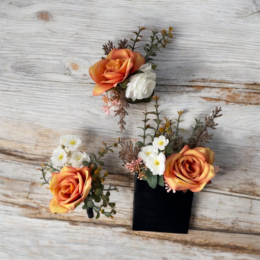 Fall Wedding Boutonniere Corsage Set: Orange Rose & Rustic Greenery ...