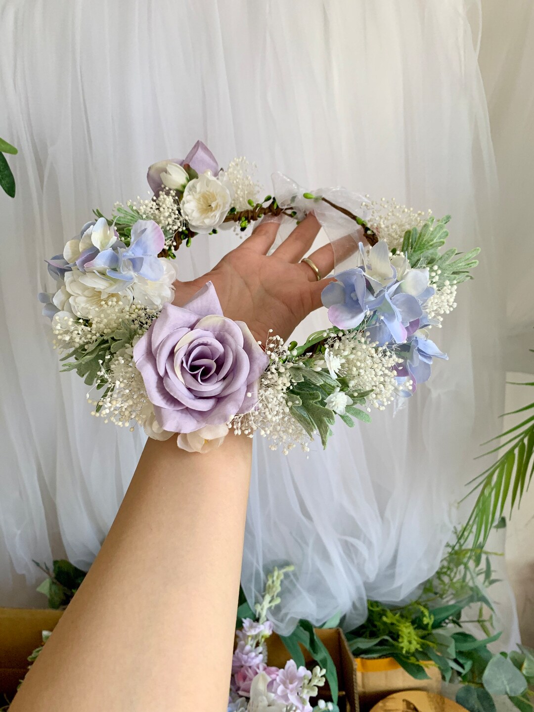 Lavender, White Flower & Eucalyptus Flower Crown / Purple Rose and Baby ...