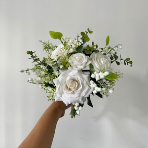 Petite White Rose Wedding Bouquet: Silk Eucalyptus Greenery 10" Hand ...