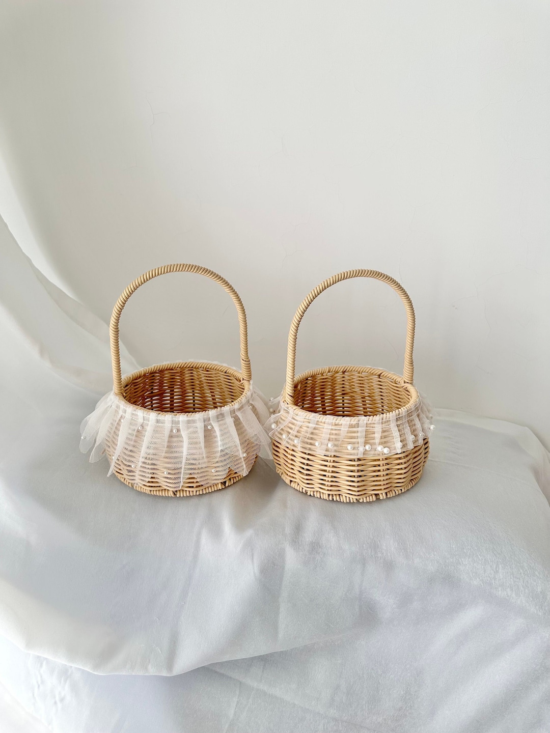 Flower Girl Basket With Ruffle Pearl Tulle/ Simple Bridesmaid Basket ...