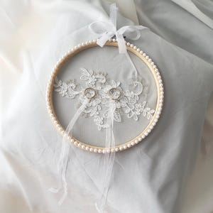 Personalized Lace & Pearl Wedding Ring Bearer Hoop: Rustic Elegant ...