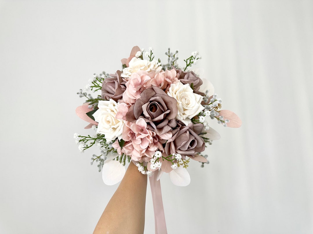 Toffee Rose, Dusty Pink Hydrangea & Ivory Rose Wedding Bouquet 12 ...