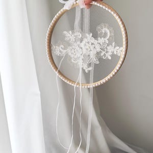Personalized Lace & Pearl Wedding Ring Bearer Hoop: Rustic Elegant ...
